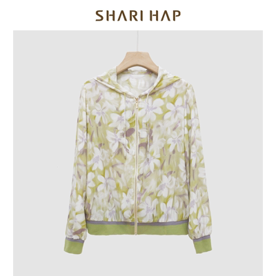 SHARI HAP中年女士真丝外套夏季新款薄上衣洋气连帽印花蚕丝外套