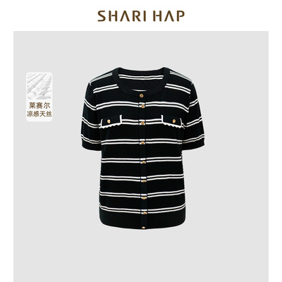 【凉感】SHARI HAP中年妈妈天丝条纹短袖衫夏季新款针织大码T恤衫