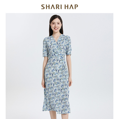 SHARI HAP莎瑞真丝V领连衣裙中长款夏季新款桑蚕丝优雅碎花裙
