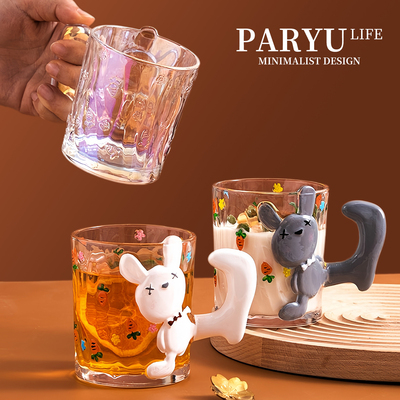 PARYU浮雕手绘萌兔玻璃杯