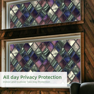 家居隐私窗户膜，黑彩格子图案玻璃窗户贴静电贴窗BLT130