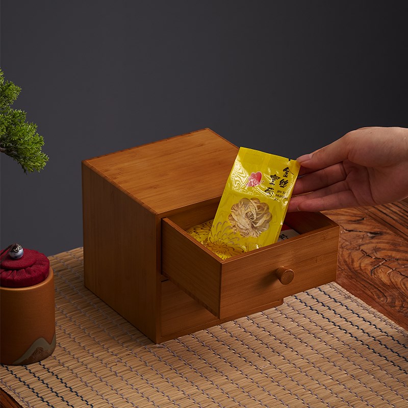竹制抽屉式桌面j收纳盒储物柜创意迷你卧室首饰盒防尘茶叶收纳箱