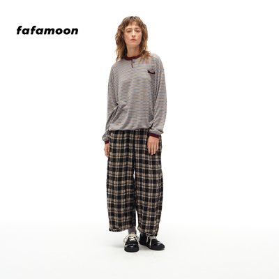 fafamoon设计师品牌秋冬女士可收脚格纹休闲九分裤