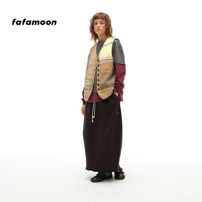 fafamoon设计师品牌秋冬休闲宽松卷边长款半身卫裙