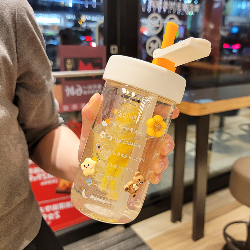 夏季玻璃泡茶水杯子茶水分离女生带吸管高颜值小清新花茶杯耐高温