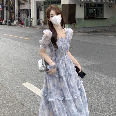 温柔淑女风法式碎花雪纺连衣裙女2026春夏新款超仙甜美气质长裙女