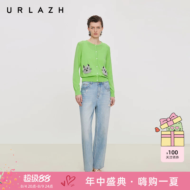 URLAZH有兰夏季新款圆领长袖宽松轻薄萌趣俏皮减龄喵喵针织开衫女