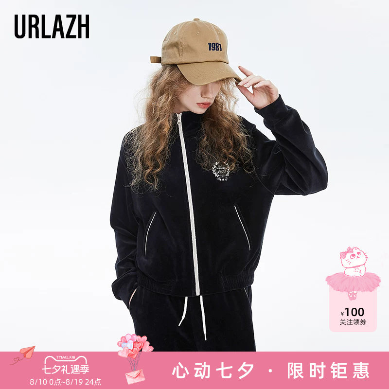 URLAZH有兰春季新款复古气质黑色短款运动休闲刺绣外套上衣女