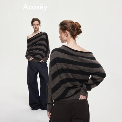 ACOSEY 羊驼毛混纺不规则横条纹斜肩露肩宽松上衣毛衣针织衫