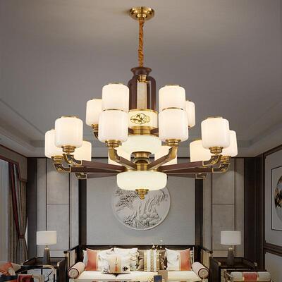 新中式别墅复式楼大吊灯全铜实木玻璃客厅中空跃层楼梯间长吊灯具