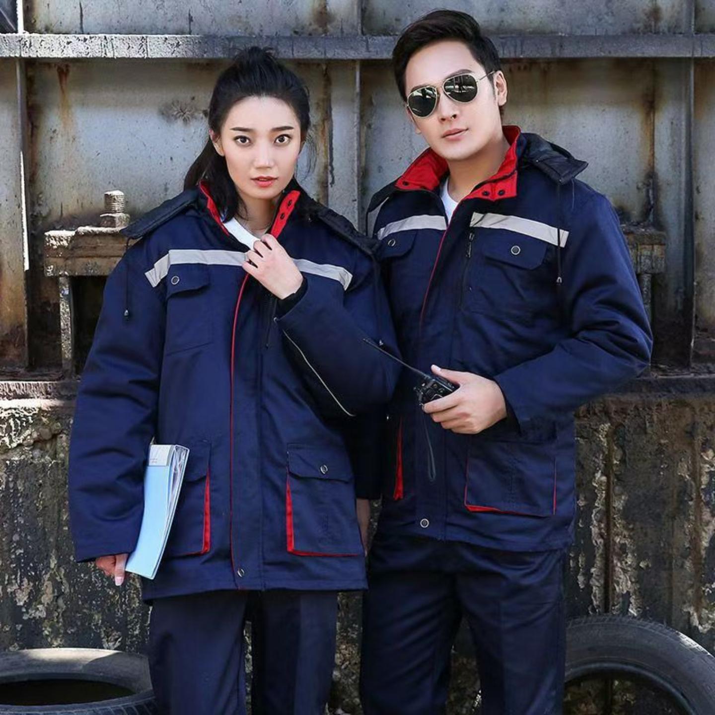 冬季工作服男劳保服棉服棉袄绣字印绣工装中长款汽修加厚宽松保暖