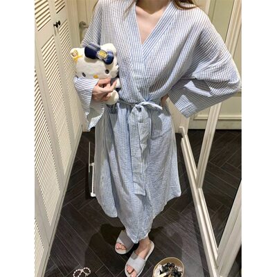 韩系简约休闲条纹印花睡袍睡裙睡衣女款春秋季长袖宽松家居服浴袍