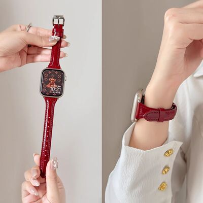 酒红小蛮腰高级oppowatch3/2/1/X手表4pro表带真皮质细款se女适用