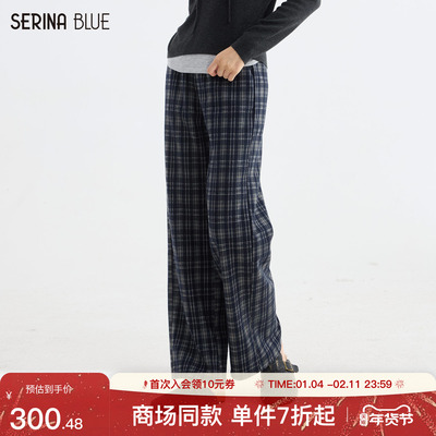 SeRinaBlue复古高腰格子女休闲裤