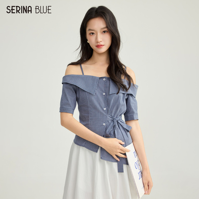 SeRinaBlue设计感一字肩女士衬衫