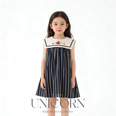 UNICORN女童夏季新款韩版复古洋气刺绣条纹无袖海军领背心连衣裙