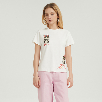 PB夏季宽松圆领萌趣猫咪印花T恤