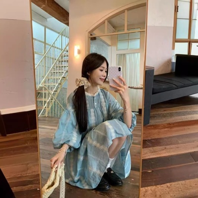 夏季无袖新款雾蓝色刺绣面料灯笼