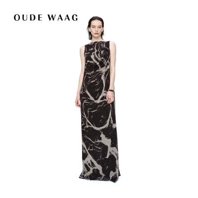 OUDE WAAG 25秋冬新款 优雅独特露背印花垂坠双层连衣裙