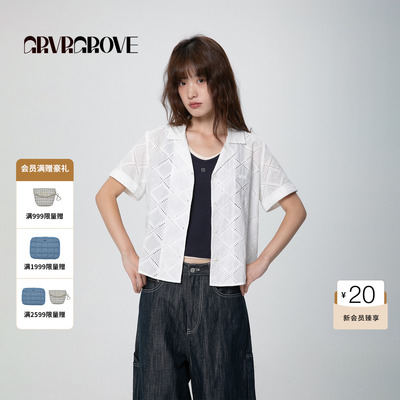 GROVE官方旗舰店2025SS春夏款女士菱形纹短袖衬衫t恤GCM5BL01