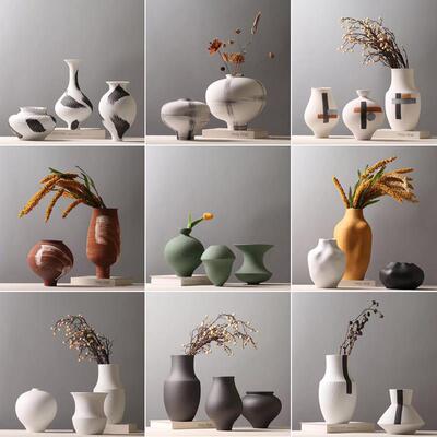 新中式水墨跳刀纹陶瓷花瓶书房茶室意境插花装饰品创意样板房摆件