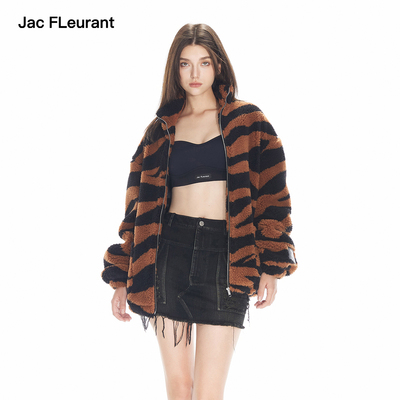 JAC FLEURANT新款条纹拉链含羊毛外套时尚立领加厚保暖冬装