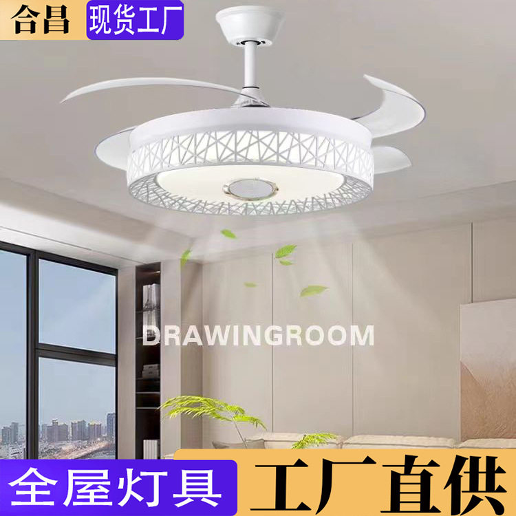 隐形风扇灯卧室客厅餐厅家用现代蓝牙音箱智能变频装饰鸟巢吊扇灯
