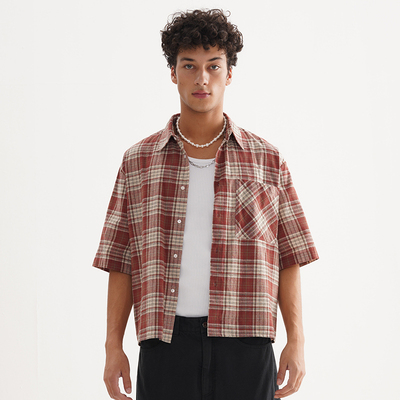 美式方格子衬衫短袖宽松红色复古