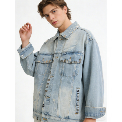 S123 街头潮酷重工金属装饰牛仔外套男水洗做旧宽松夹克