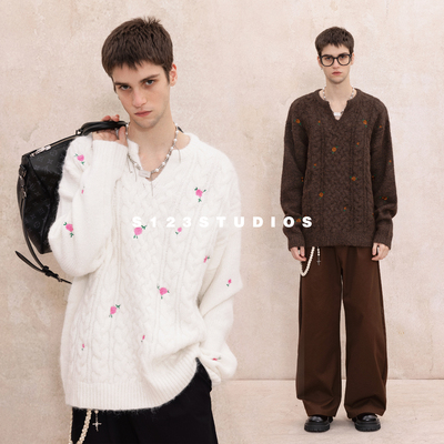 法式田园风麻花刺绣毛衣