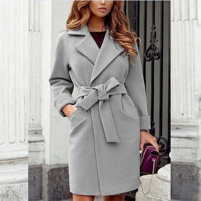 Winter woolen coat欧美秋冬女气质收腰系带长袖毛呢大衣呢子外套