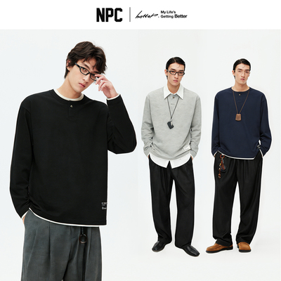 NPC潮牌复古半开襟亨利领长袖拼接假二件棉混纺官方正品假一赔十