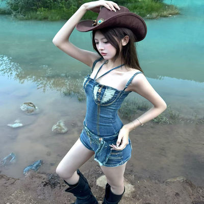 SiCii 西部牛仔连体牛仔抹胸套装女秋冬复古性感短款半身裙套装