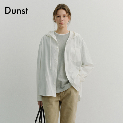 Dunst2026春季新品中性款经典宽松休闲白色格纹连帽衬衫UDSH6A107