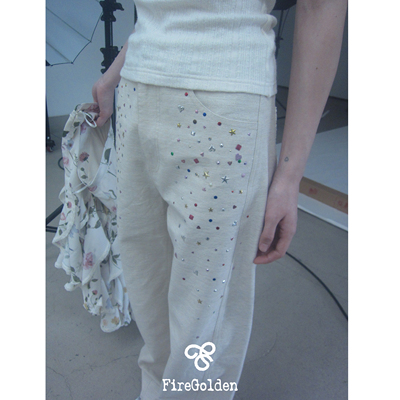 FireGolden炉2025春夏烫钻元素拼蕾丝口袋宽松中腰长裤牛仔裤