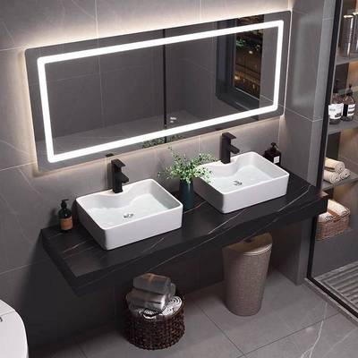 简约岩板双盆台上盆洗手台卫生间洗手盆挂墙式家用公共智能浴室柜