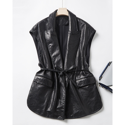 真皮皮衣绵羊皮马甲女2025春新款宽松显瘦高档油蜡皮系带B1457