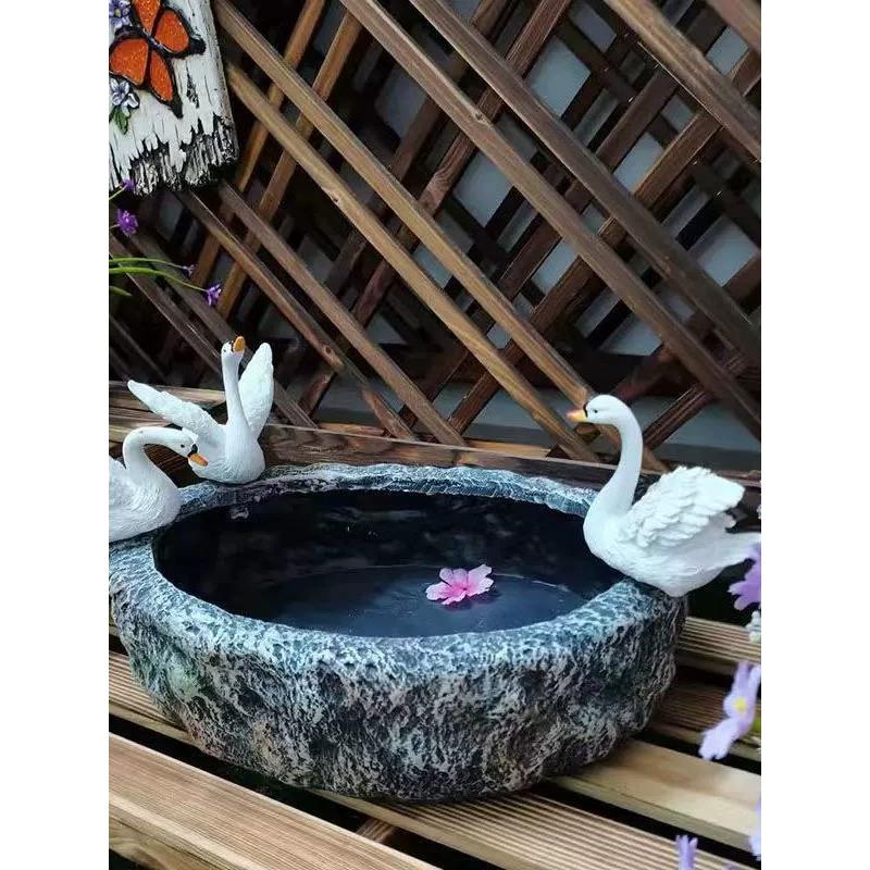 创意个性花园水培仿石天鹅盆摆件园艺动物盆栽铜钱草植物庭院装饰