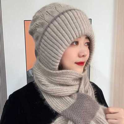 帽子围巾一体风雪帽纯手工编织毛线帽女款连体帽护耳加厚防寒保暖