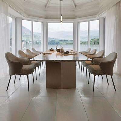 意式简天然大理石棕餐饭桌别墅设计师餐厅极奢石佛桌山