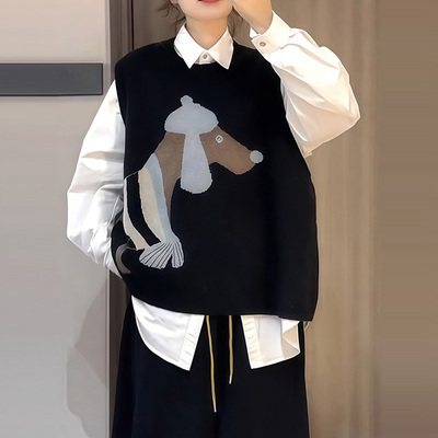 宽松撞色内搭上衣设计感背心套装