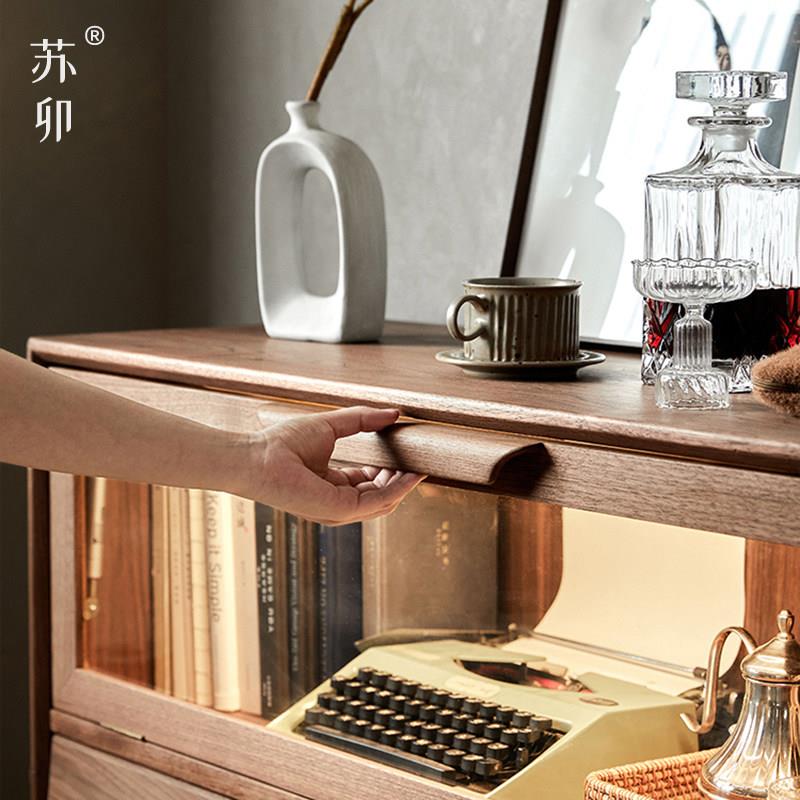 苏卯新中式黑胡桃木餐边柜模块化组合柜落地储物柜客厅玻璃门书柜