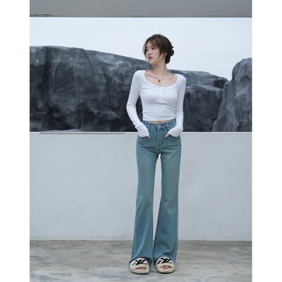 SerioLudere蛋仔很懒 蓝色斜纹肌理感时髦百搭显腿长微喇叭牛仔裤