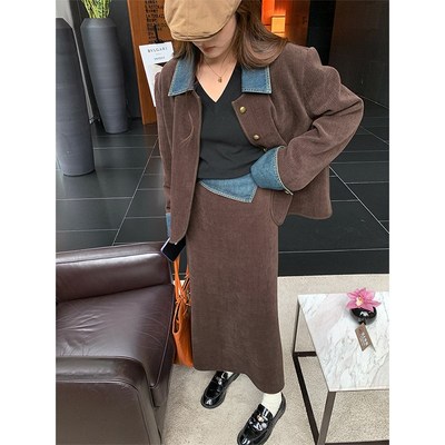 NAZ那子大码秋季撞色牛仔拼接粗花呢外套胖mm气质长短半裙套装女