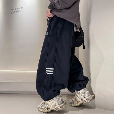 儿童装男童加绒裤子波拉bora秋冬款男孩中大童冬季加厚运动卫裤潮