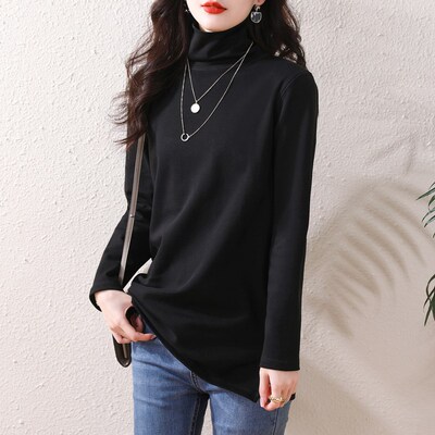 秋冬打底衫女装内搭高领t恤加绒大码中长款宽松遮肚子纯棉色上衣