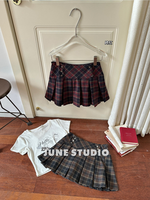 June小个子学院风防走光百褶裙女春夏格子高腰显瘦短裙a字半身裙