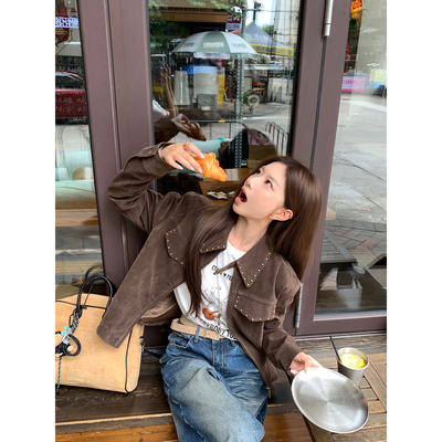 Joeyoo棕色麂皮皮衣女2025新款早秋重工铆钉美式休闲夹克短外套