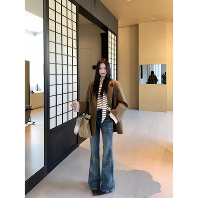 Joeyoo初春新款超好看复古浅色弹力微喇牛仔裤女高腰显瘦直筒裤子