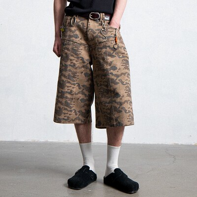 LEONSENSE力上司 迷彩重磅牛仔7分中裤 水洗磨破多口X袋廓形感男